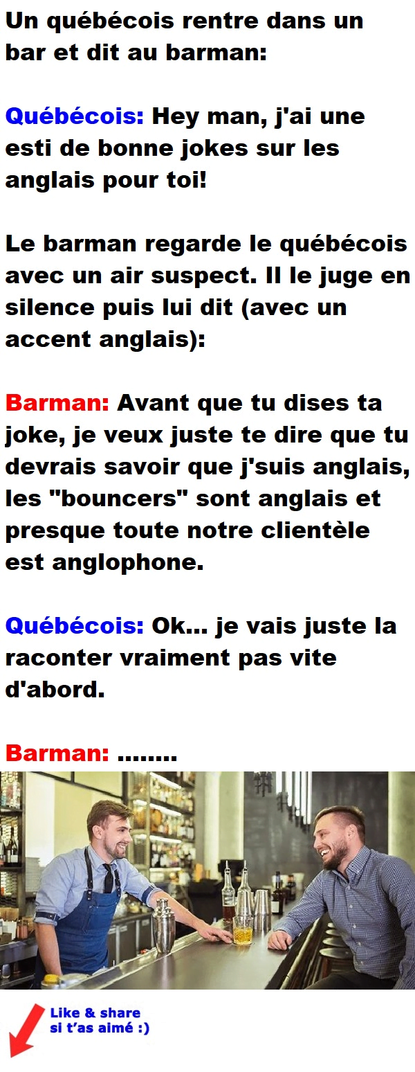 Un Québécois rentre dans un bar pour faire une joke au barman
